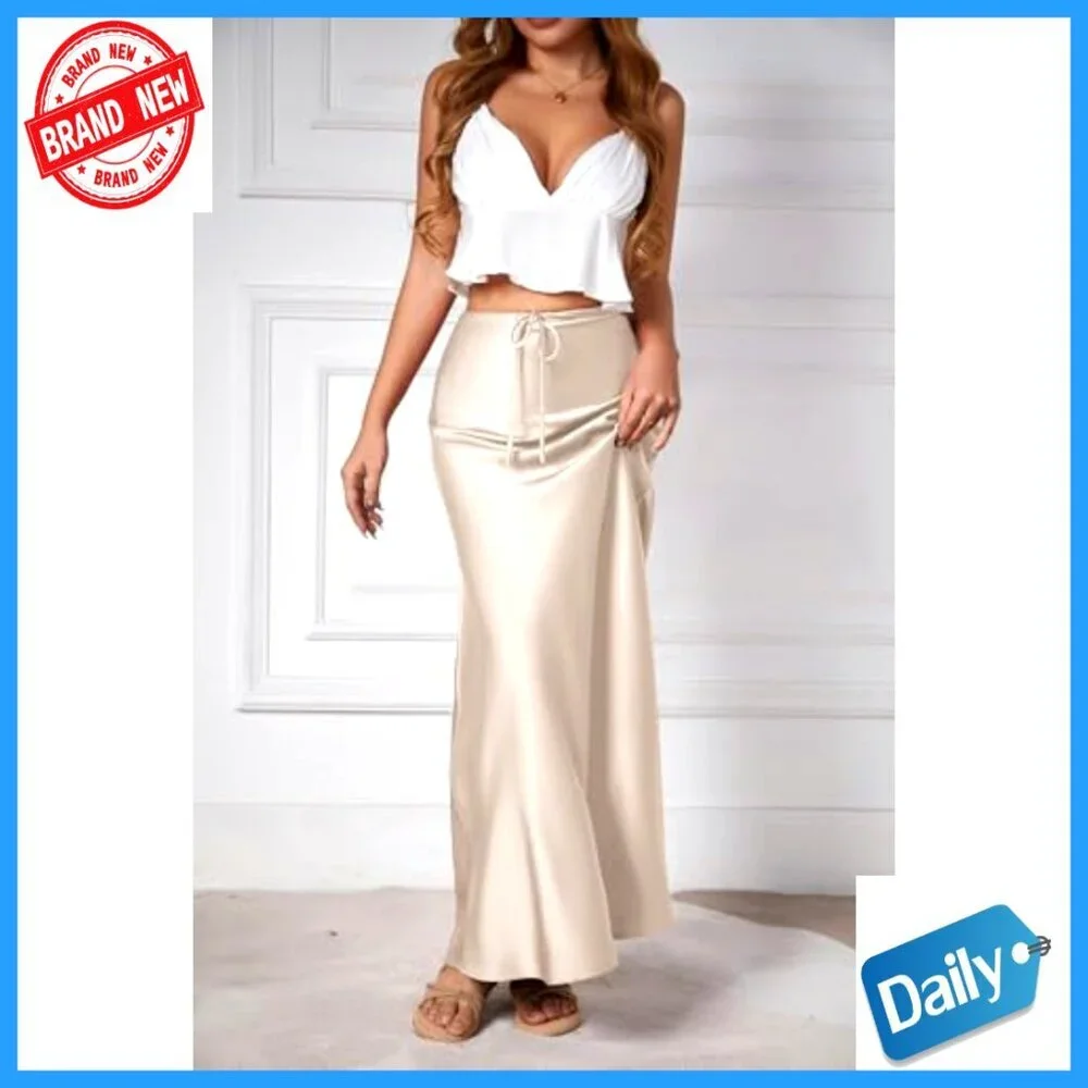 Skirts | Satin Maxi Skirt Drawstring Waist Aline Flowy Flare Ankle ...